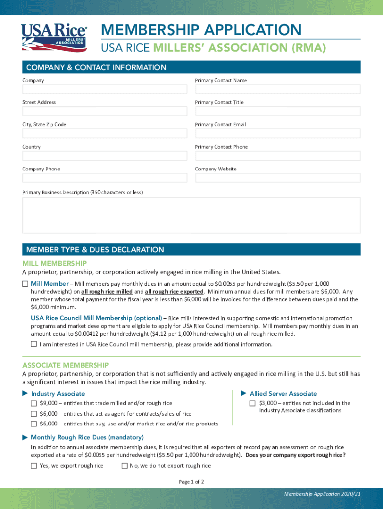 Fillable Online membership application - usa rice millers' association ...