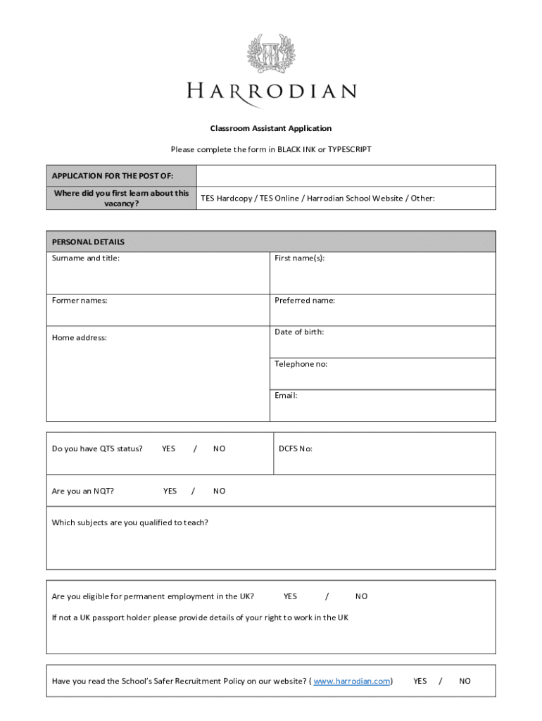 Fillable Online Classroom Assistant Application Please complete the ...