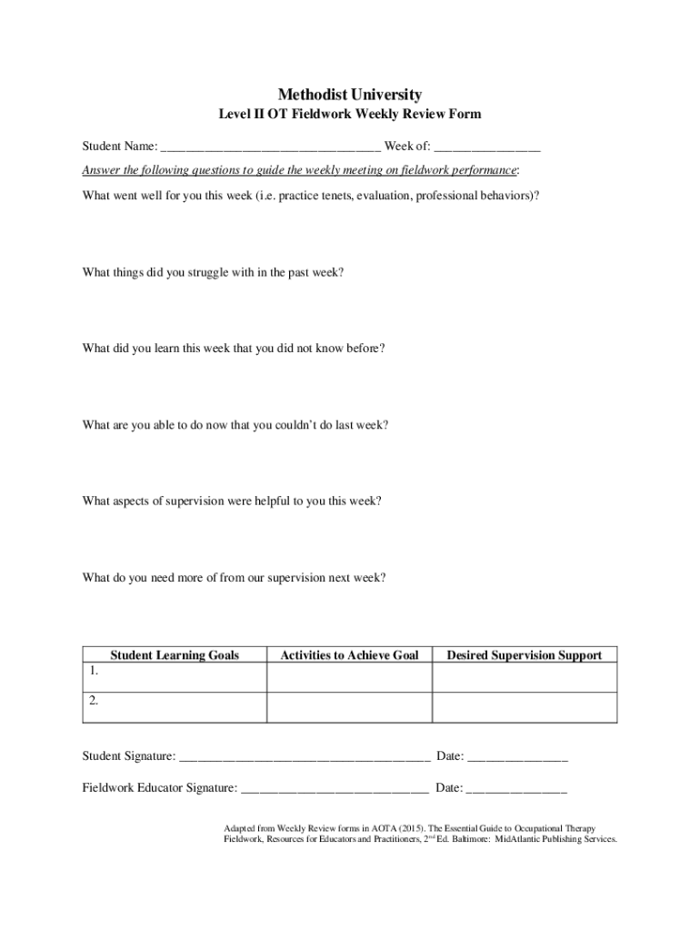 Fillable Online Level II OT Fieldwork Weekly Review Form Fax Email ...