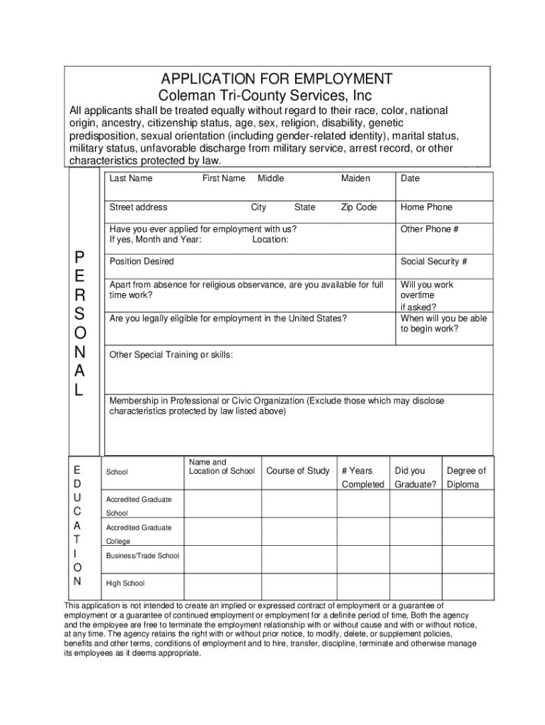 Fillable Online Coleman Tri-County Services Careers and Employment Fax ...