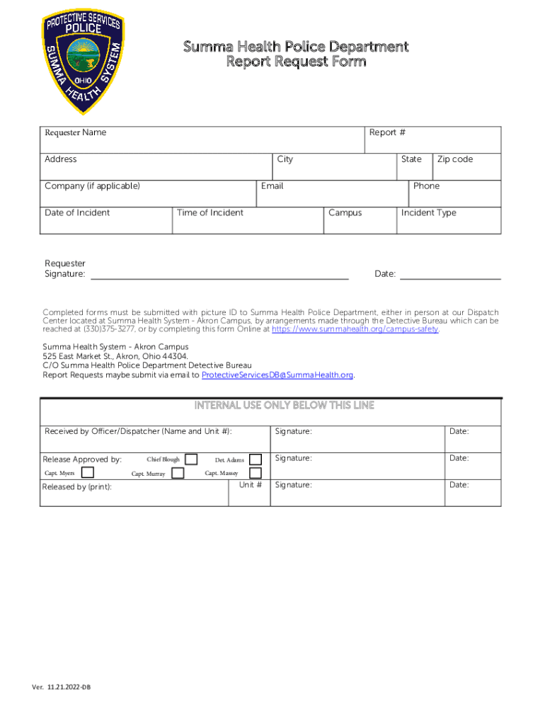 Fillable Online Summa Health Police Department Report Request Form Fax ...