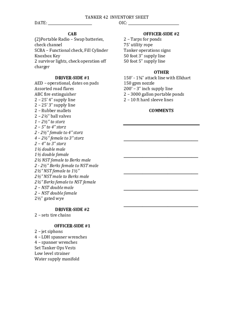 Fillable Online TANKER 42 INVENTORY SHEET DATE Fax Email Print - pdfFiller