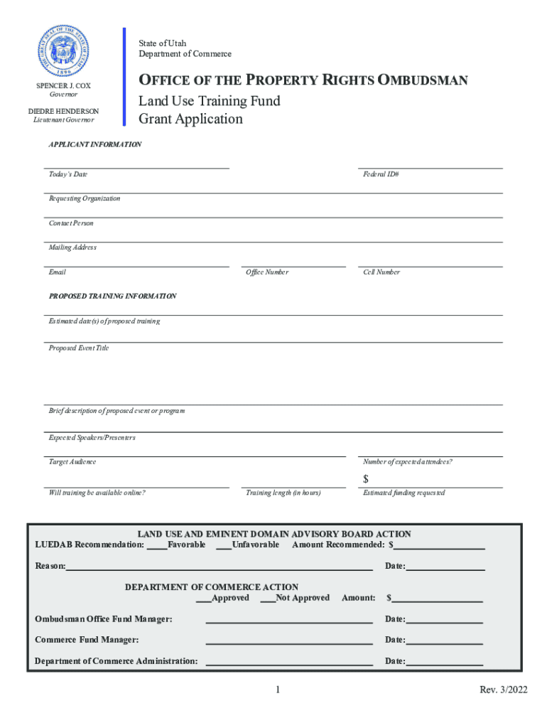 Fillable Online propertyrights utah Land Use Training Fund Grant ...