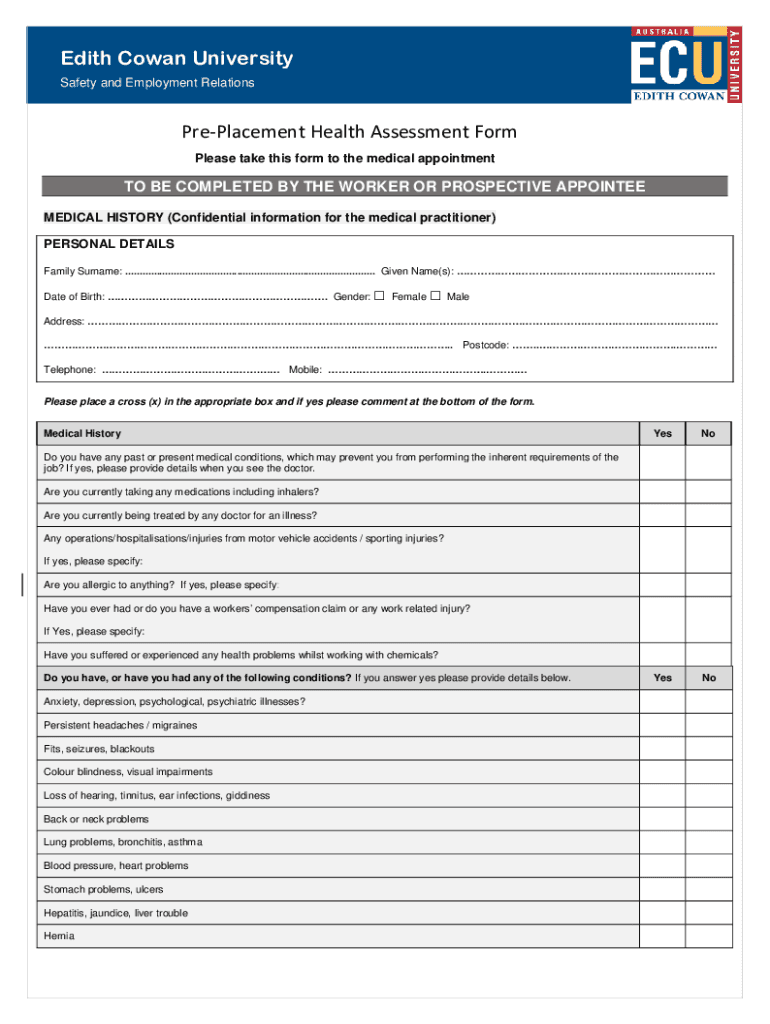Fillable Online Pre Placement Health Assessment Form Fax Email Print fillable-online-pre-placement-health-assessment-form-fax-email-print