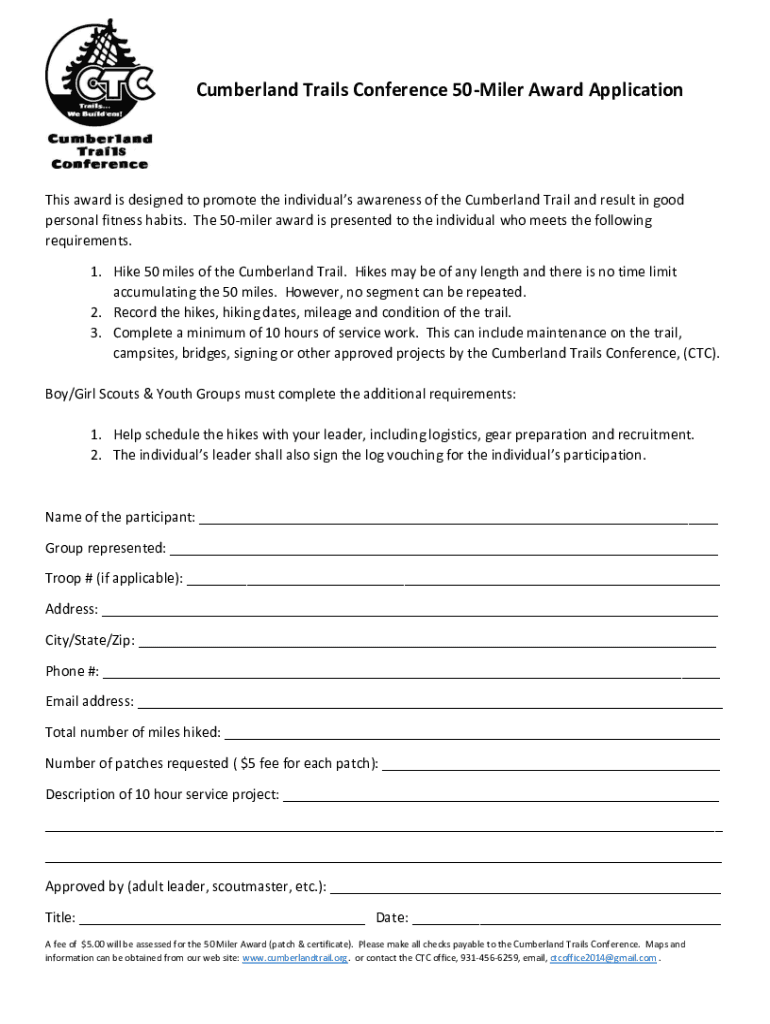 Fillable Online Cumberland Trails Conference 50-Miler Award Application ...