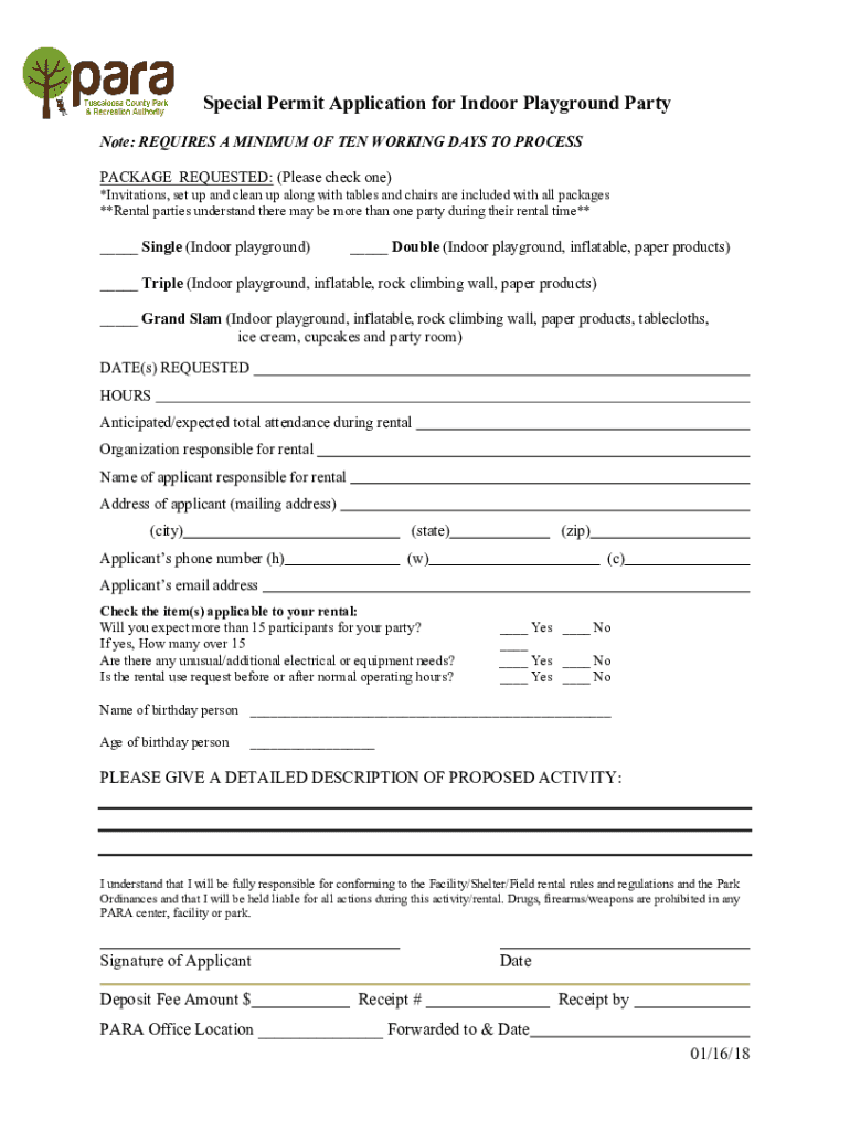 Fillable Online Special Permit Application for Indoor Playground Party Fax Email Print - pdfFiller