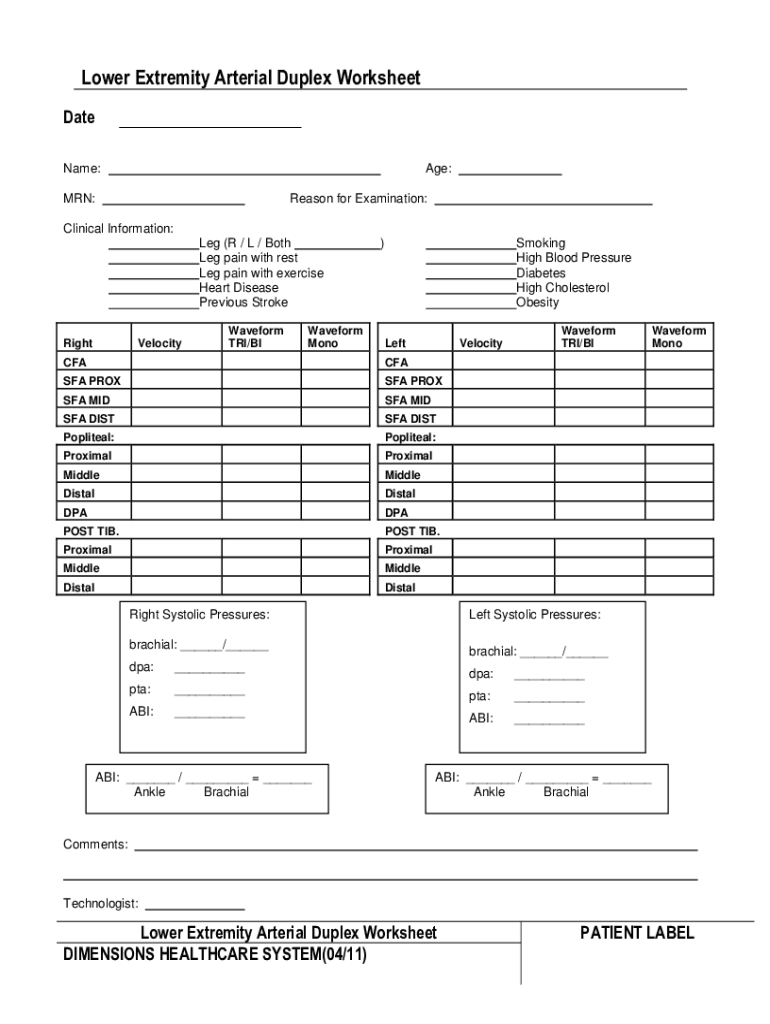 Fillable Online Lower Extremity Arterial Duplex Worksheet - Netsolhost.com Fax Email Print ...