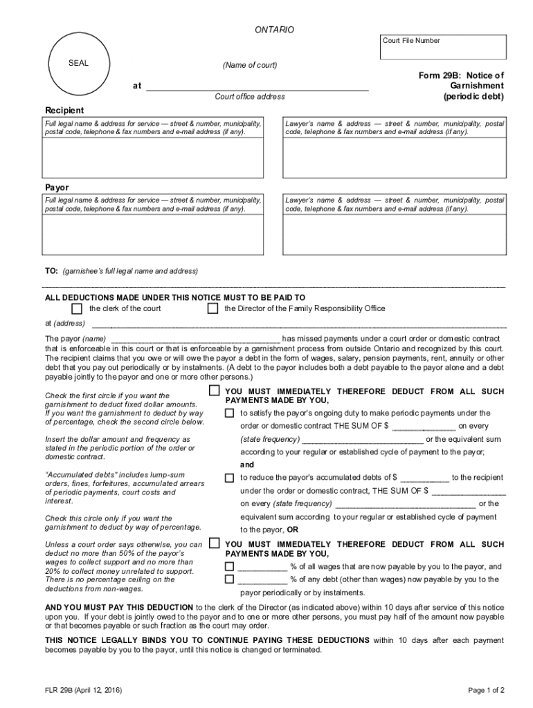 Fillable Online ontariocourtforms on Form 29B: Notice of Garnishment (periodic debt) Fax Email ...