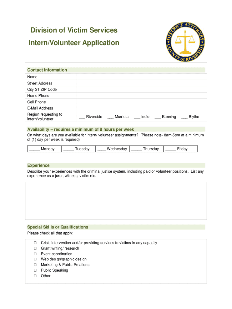 Fillable Online Division of Victim Services Intern/Volunteer Application Fax Email Print - pdfFiller