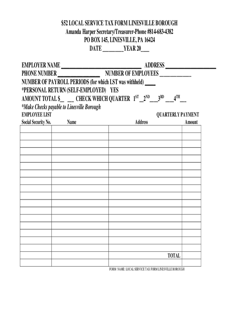Fillable Online LOCAL SERVICE TAX FORM LINESVILLE BOROUGH Fax Email ...
