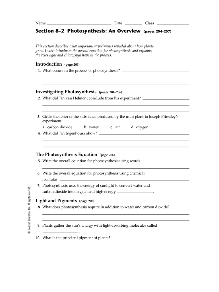 Fillable Online Section 82 Photosynthesis: An Overview (pages 204207 ...