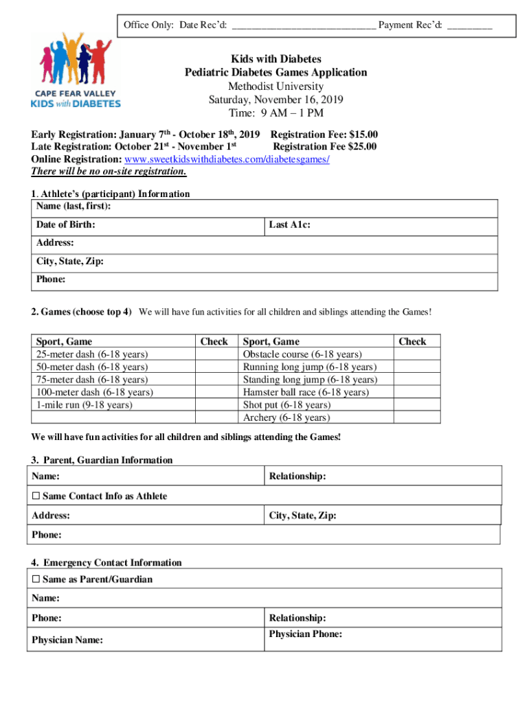 Fillable Online Kids with Diabetes Pediatric Diabetes Games Application ...