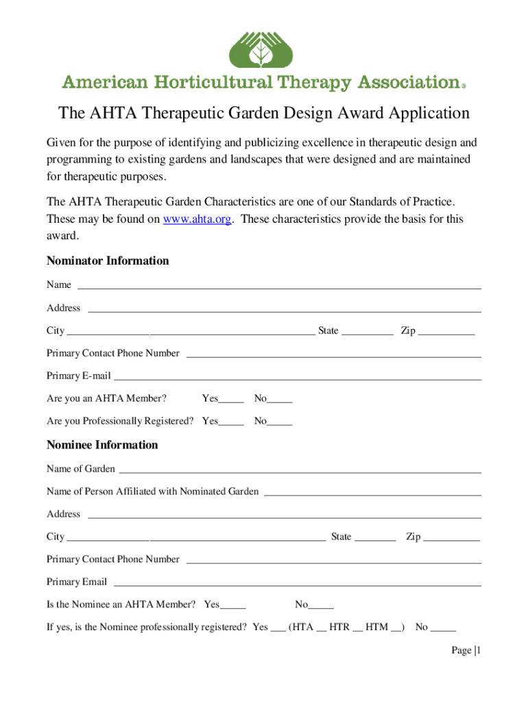 Fillable Online The AHTA Therapeutic Garden Design Award Application ...