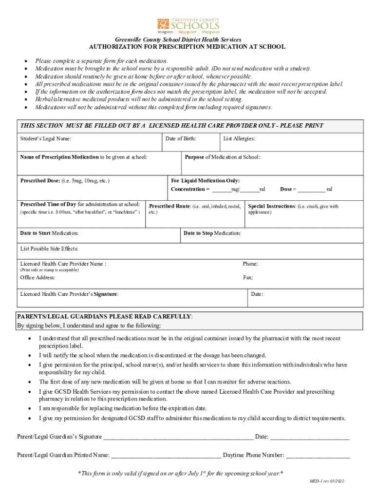 Fillable Online MED-1 AUTHORIZATION FOR PRESCRIPTION MED rev 3-25-10 ...