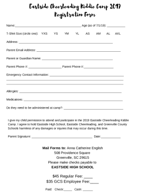 Fillable Online Eastside Cheerleading Kiddie Camp 2019 Registration ...