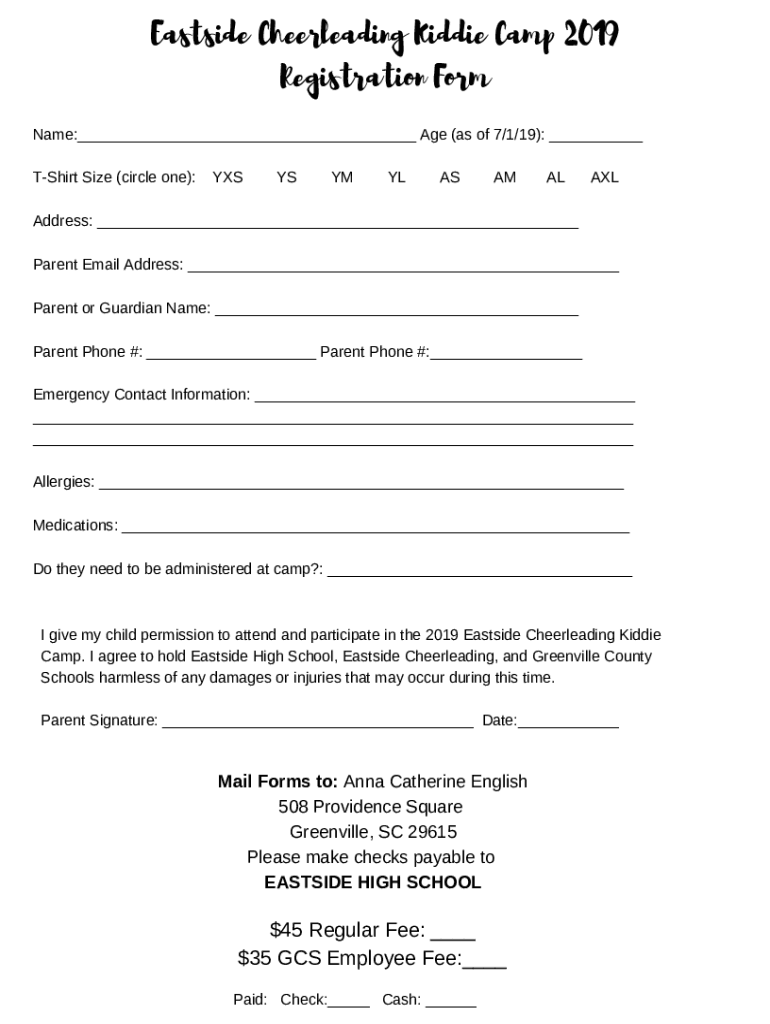 Fillable Online Eastside Cheerleading Kiddie Camp 2019 Registration ...