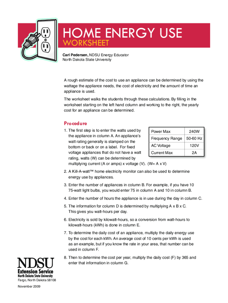 Fillable Online home energy use - worksheet - NDSU Agriculture Fax ...