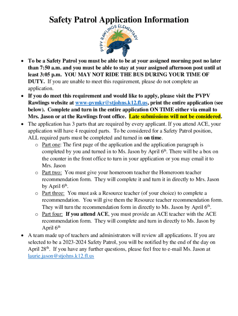 Fillable Online www-pvmkr stjohns k12 fl Safety Patrol Application ...