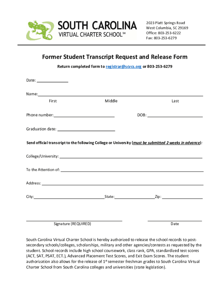 Fillable Online Former Student Transcript Request and Release Form Fax ...