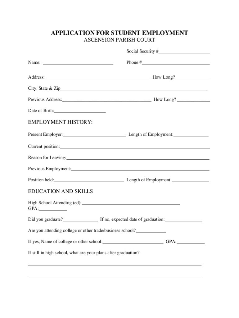 Fillable Online APPLICATION FOR STUDENT EMPLOYMENT Fax Email Print ...