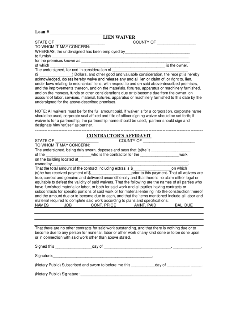 Fillable Online Free Lien Waiver FormsPDFWord Fax Email Print - pdfFiller