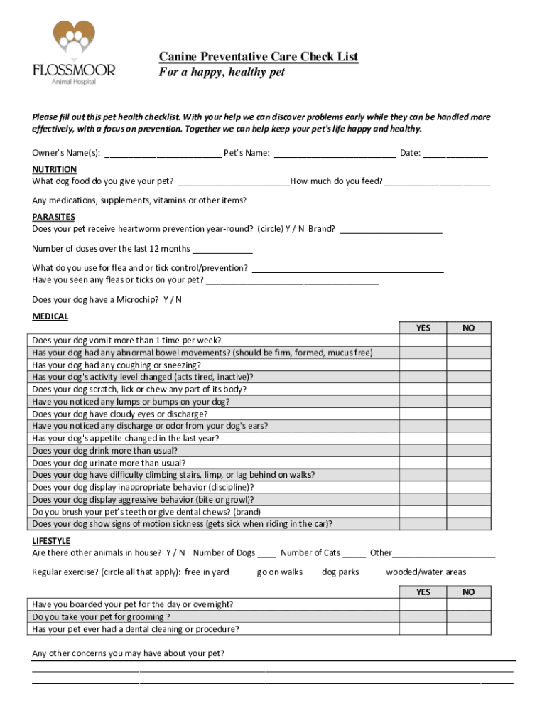 Fillable Online Canine Preventative Care Check List For a happy ...