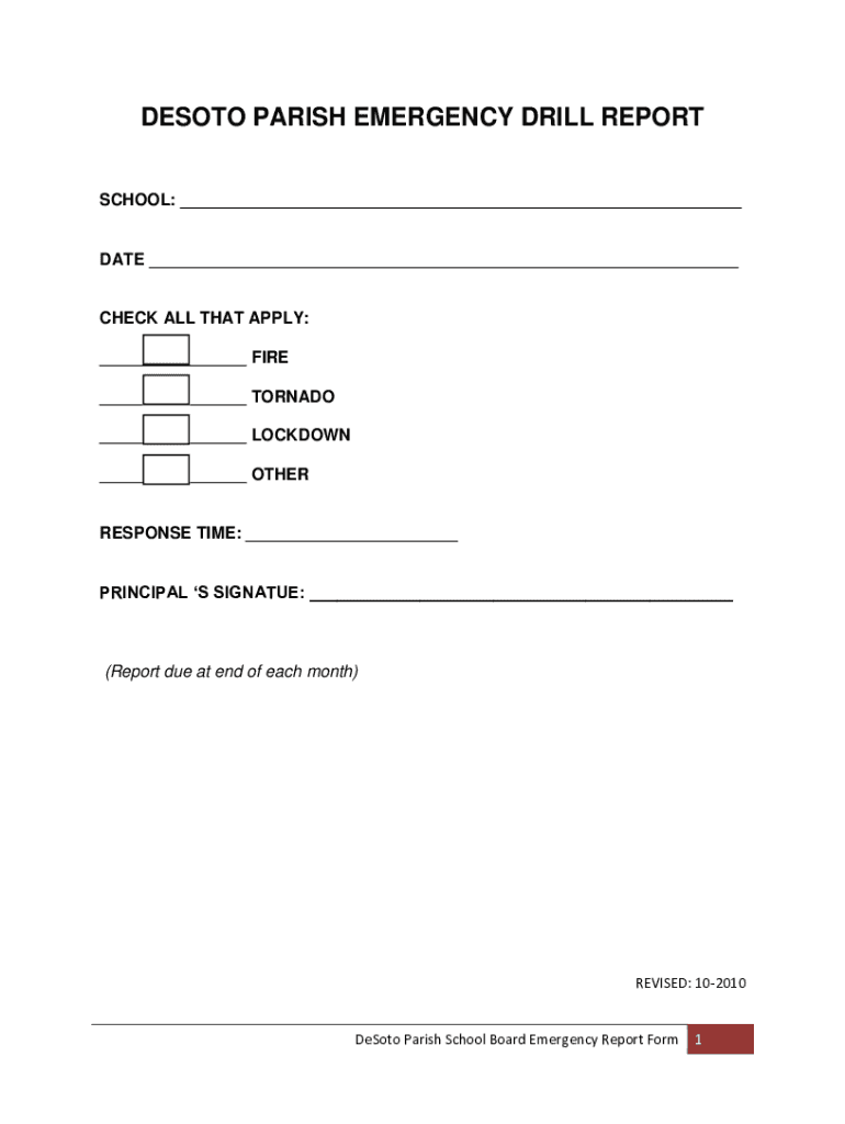 Fillable Online DESOTO PARISH EMERGENCY DRILL REPORT Fax Email Print - pdfFiller