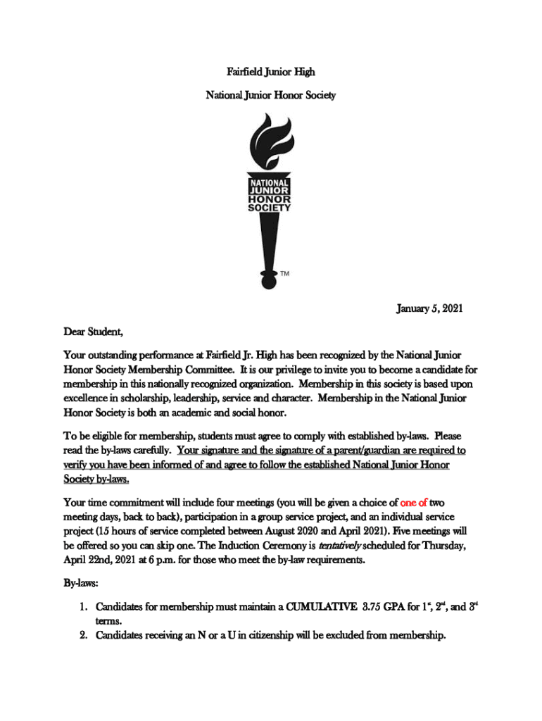 Fillable Online Fairfield Junior High National Junior Honor Society January 5 ... Fax Email ...