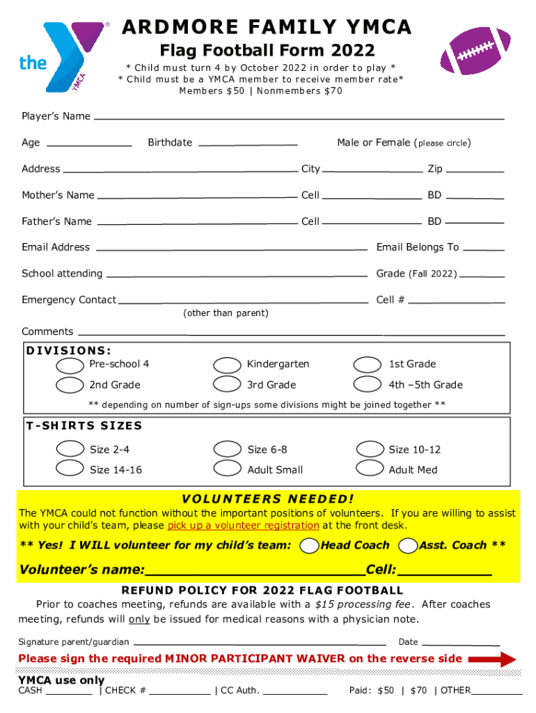 Fillable Online Flag Football Form 2022 - The Ardmore Family YMCA Fax ...
