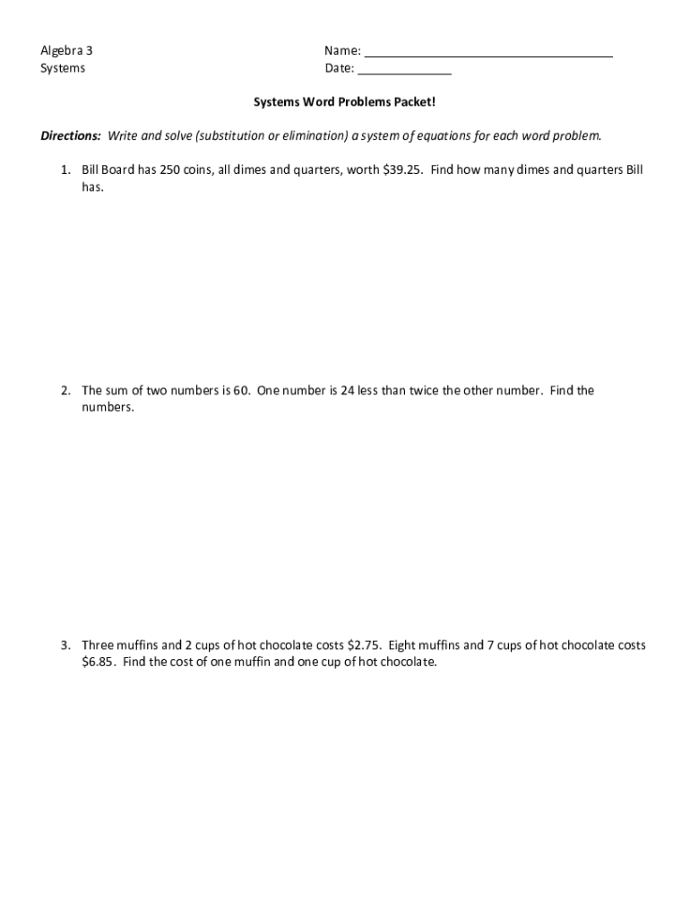 Fillable Online Solving systems of equations word problems worksheet ...