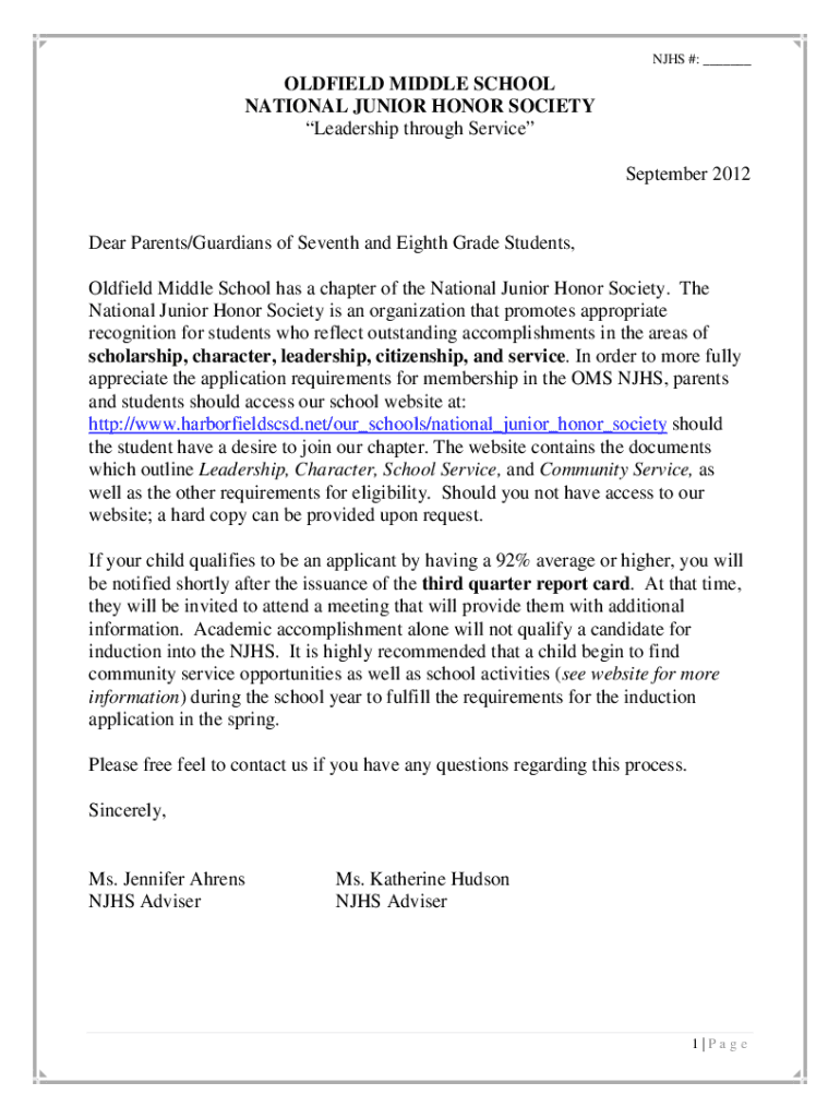 Fillable Online National Junior Honor Society / The Five Pillars of ...