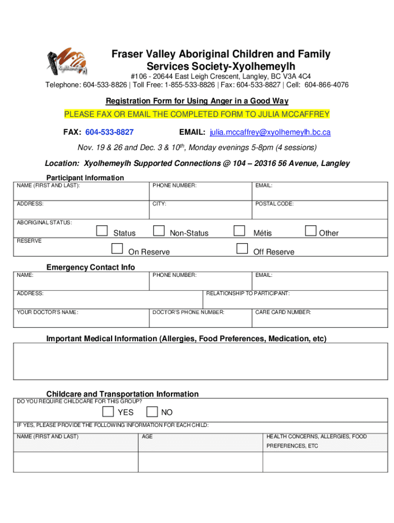 Fillable Online Registration Form for Using Anger in a Good Way Fax ...