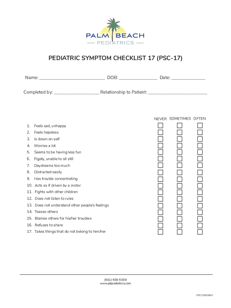 2022-2025 Form FL Palm Beach Pediatrics Pediatric Symptom Checklist 17 ...