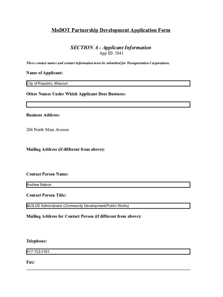 Fillable Online MoDOT Partnership Development Application Form SECTION ...
