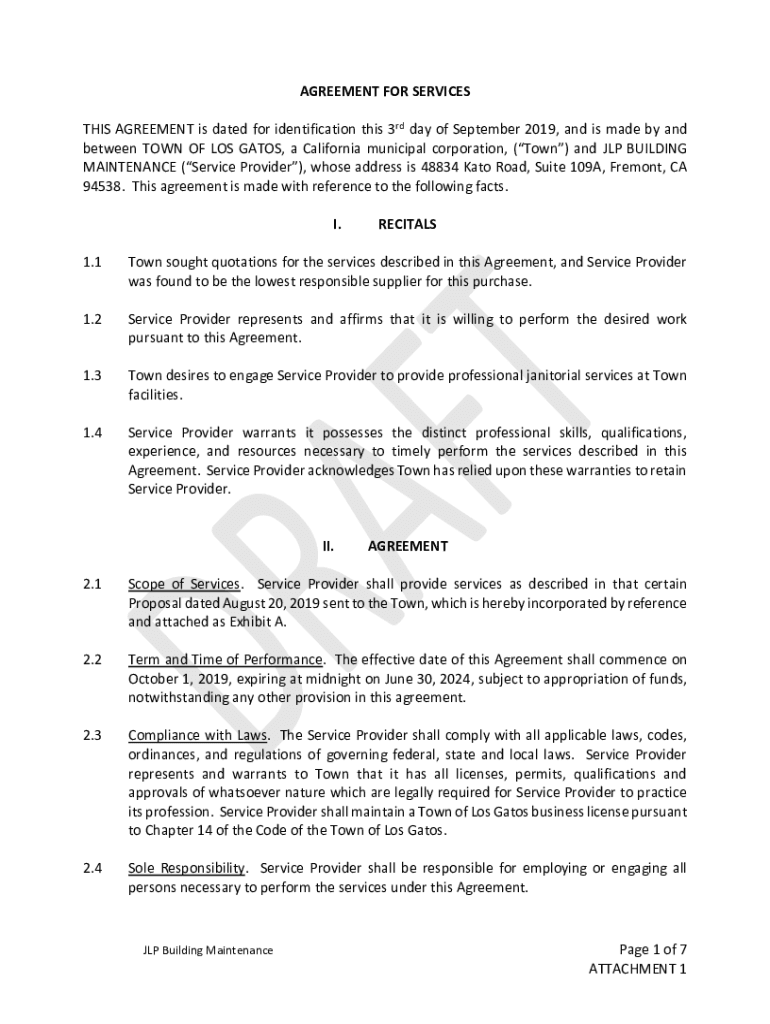Fillable Online Page 1 of 7 ATTACHMENT 1 AGREEMENT FOR SERVICES ... Fax ...