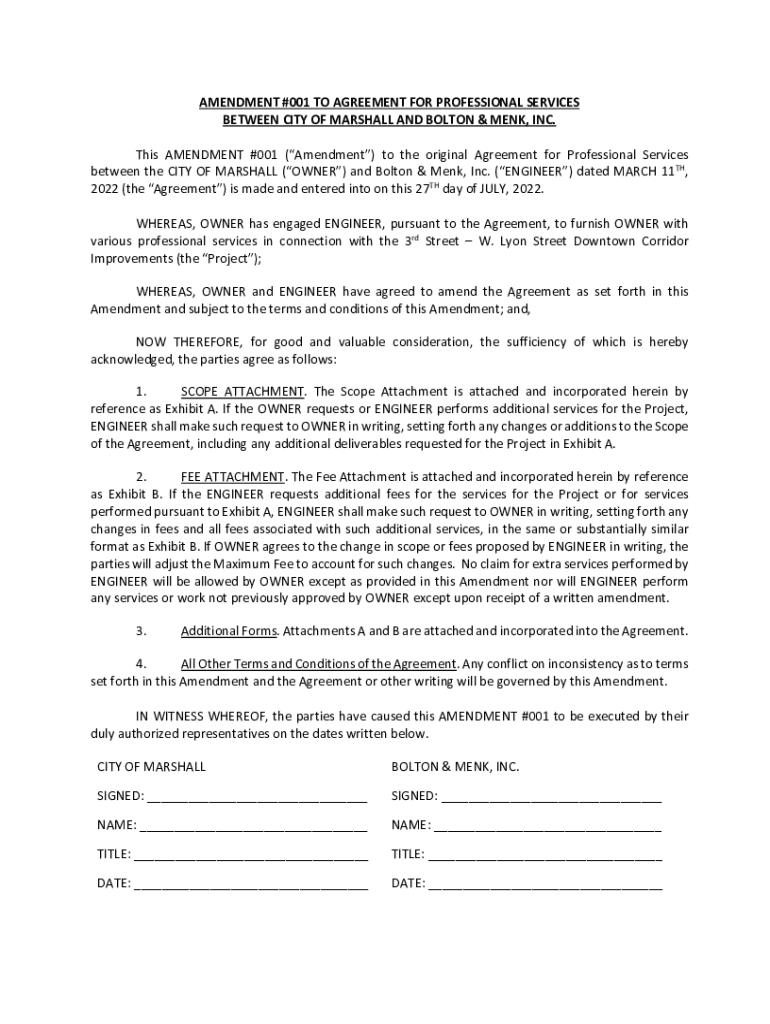 Fillable Online amendment #001 to agreement for professional services ...