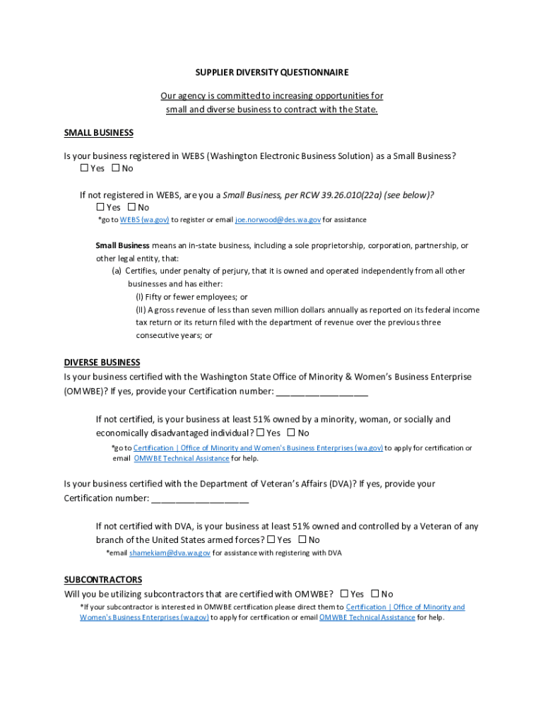 Fillable Online omwbe wa Supplier DiversityProcurement and Business Services Fax Email Print ...
