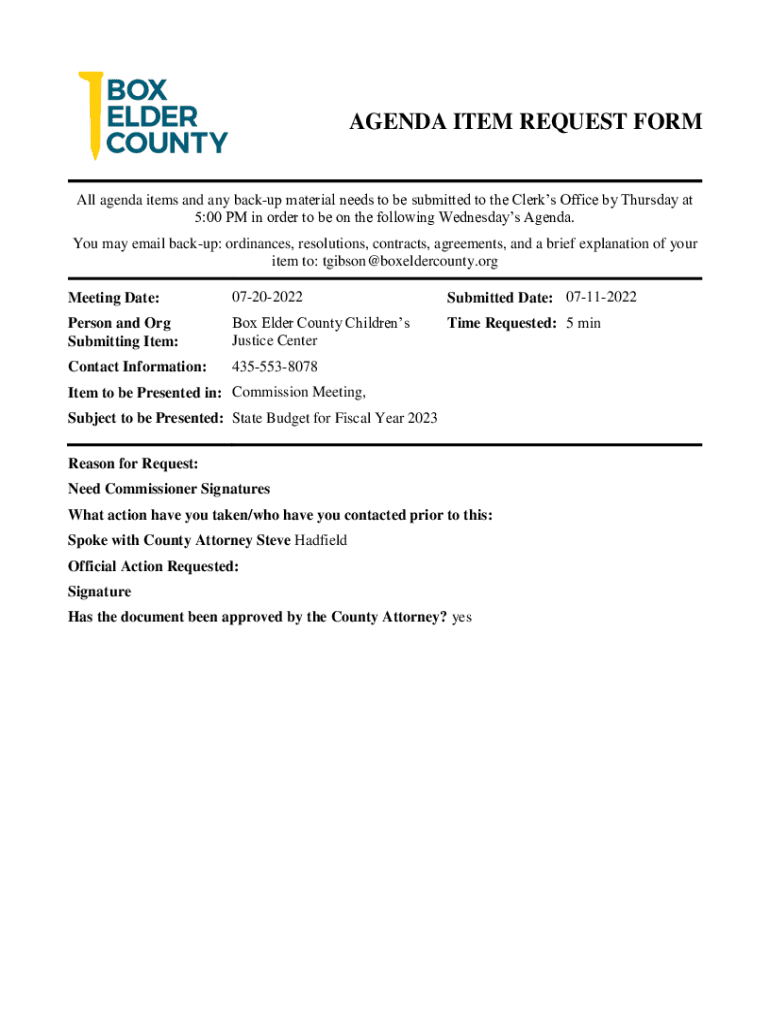 Fillable Online All agenda items and any back-up material needs to be ...