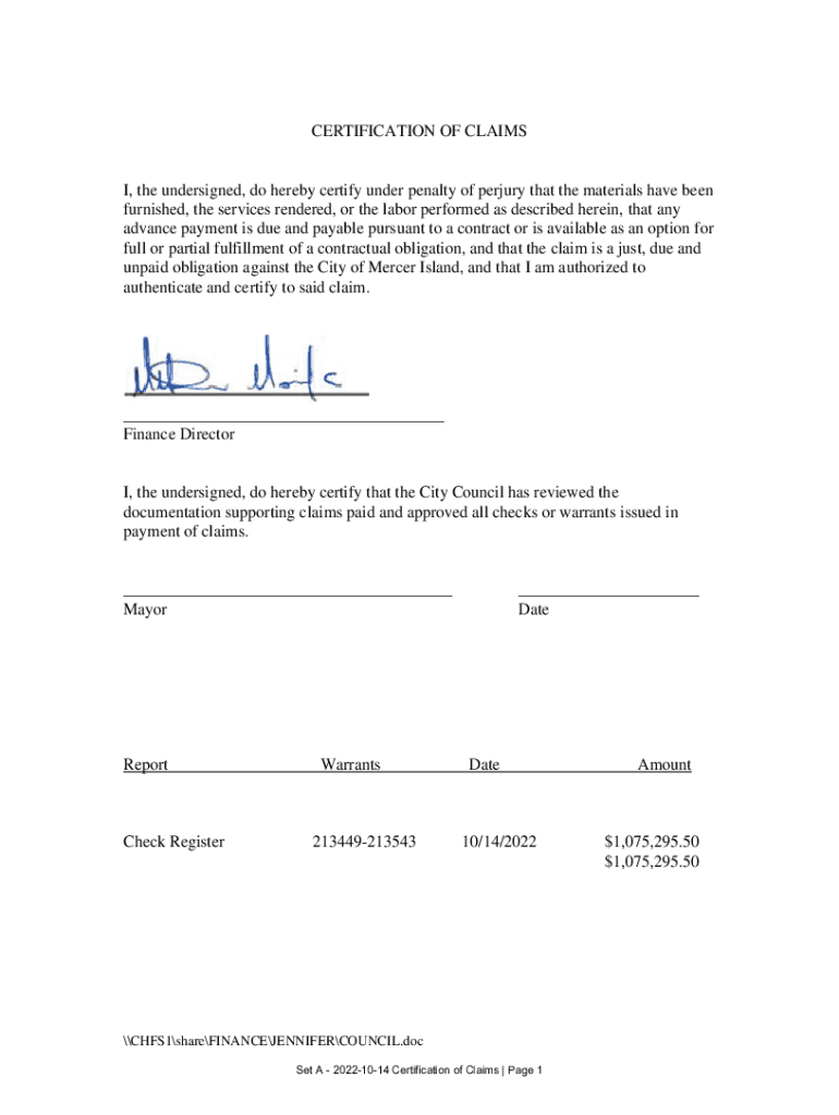Fillable Online Set A - 2022-10-14 Certification of Claims Page 1 Fax ...