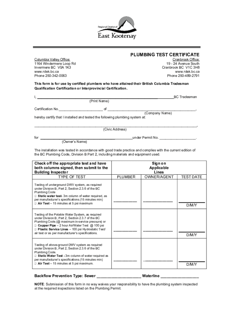 Fillable Online PLUMBING TEST CERTIFICATE Fax Email Print - pdfFiller