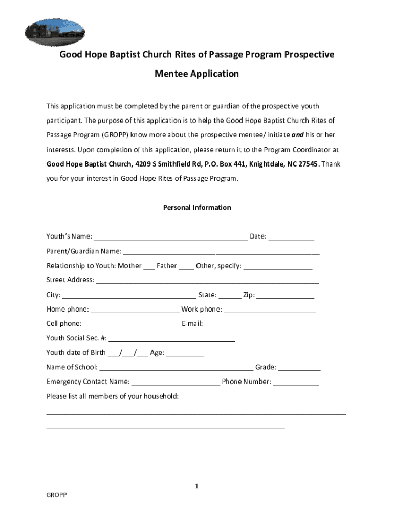 Fillable Online Good Hope Baptist Church Rites of Passage Program ...