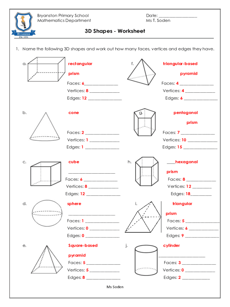 Fillable Online Faces, Edges & Vertices Worksheets Fax Email Print ...