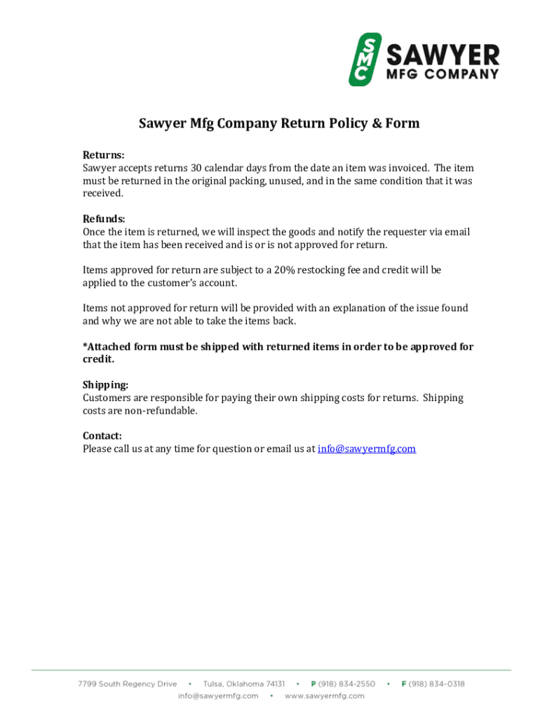 Fillable Online Sawyer Mfg Company Return Policy & Form Fax Email Print - pdfFiller