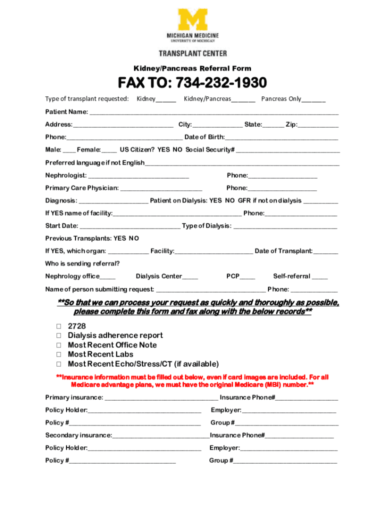 Fillable Online KIDNEY/PANCREAS PRE-TRANSPLANT REFERRAL FORM Fax Email ...