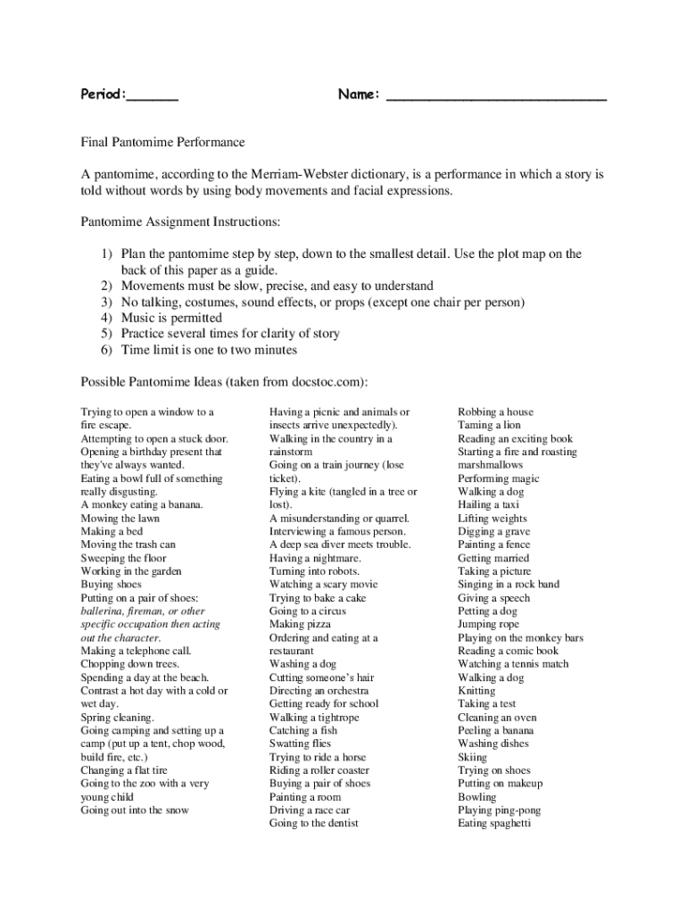 Fillable Online Pantomime Project Performance Final with Rubric and ...