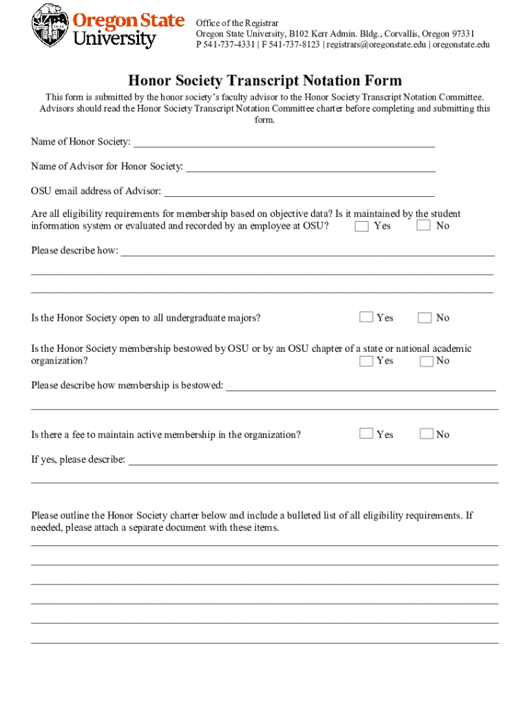 Fillable Online registrar oregonstate Honor Society Transcript Notation Form - Office of the ...