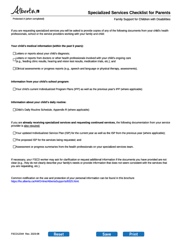 Fillable Online Specialized Services Checklist for Parents. Parents or guardians requesting ...