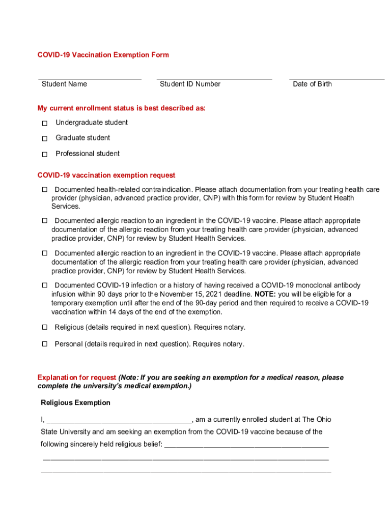 Fillable Online COVID-19 Vaccination Exemption Form - Student 10282021 ...