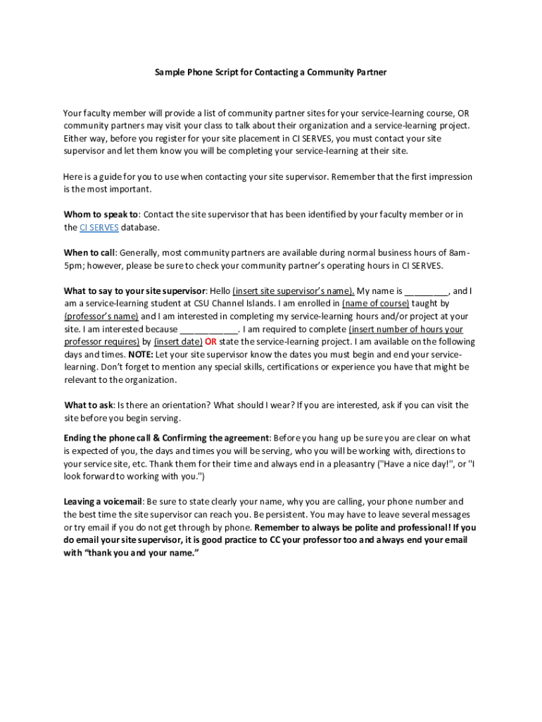 Fillable Online Sample Phone Script for Contacting a Community Partner ...