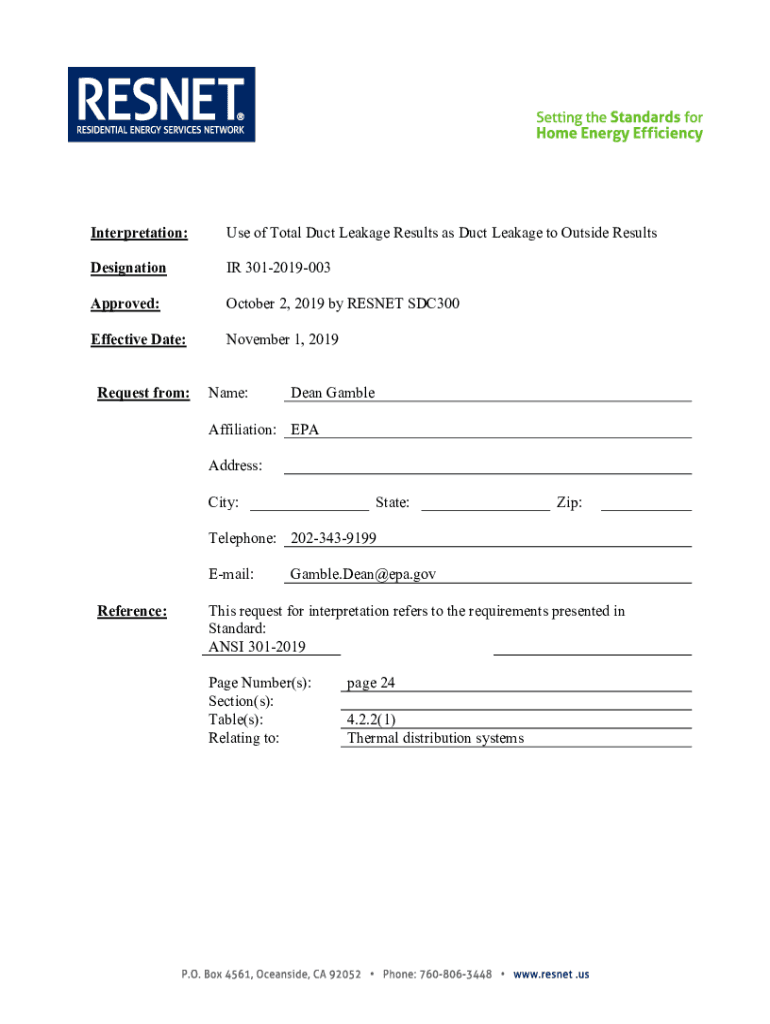 Fillable Online Interpretation: Use of Total Duct Leakage Results as ... Fax Email Print - pdfFiller